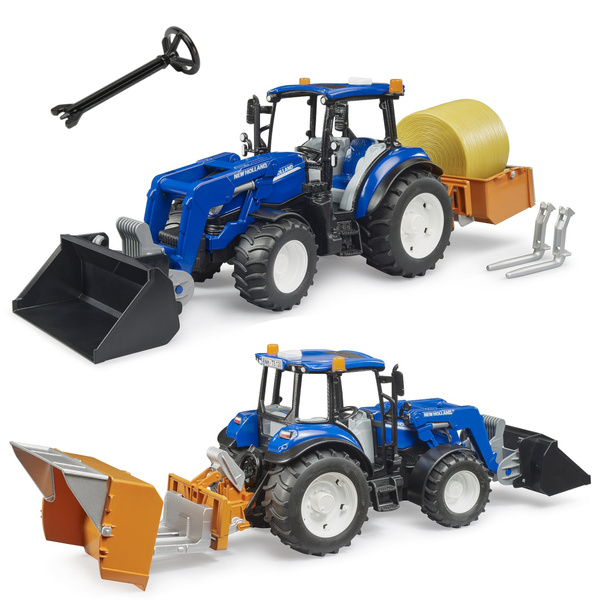 BRUDER 02187 Traktor New Holland T5.120 z ładowaczem czołowym, skrzynią ładunkową, widłami i ...